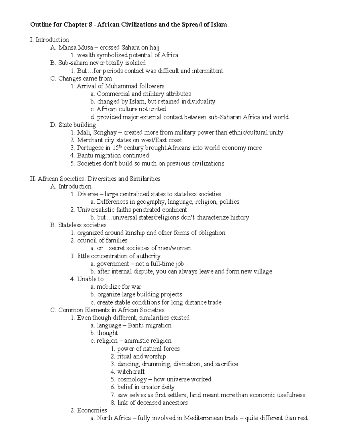 Outline for Chapter 8 - African Civilizations and the Spread of Islam ...