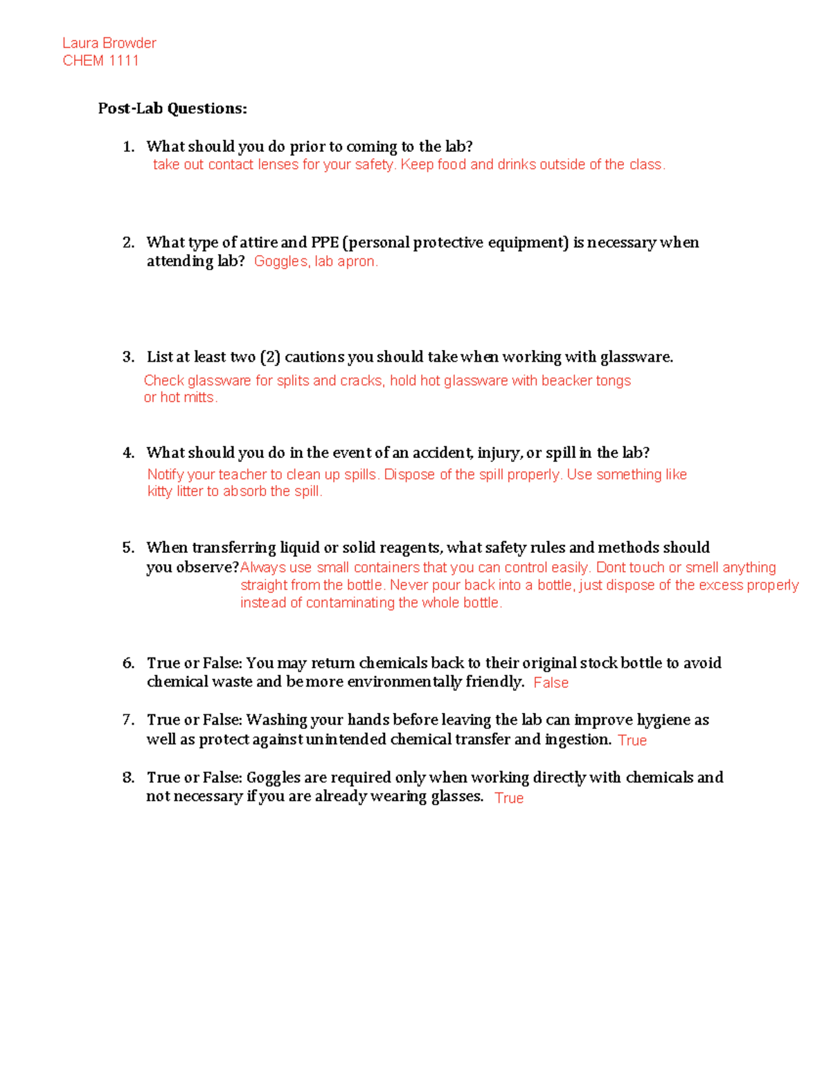 CHEM 1111 Post-Lab Questions: Safety and Protocols Guidance - Studocu