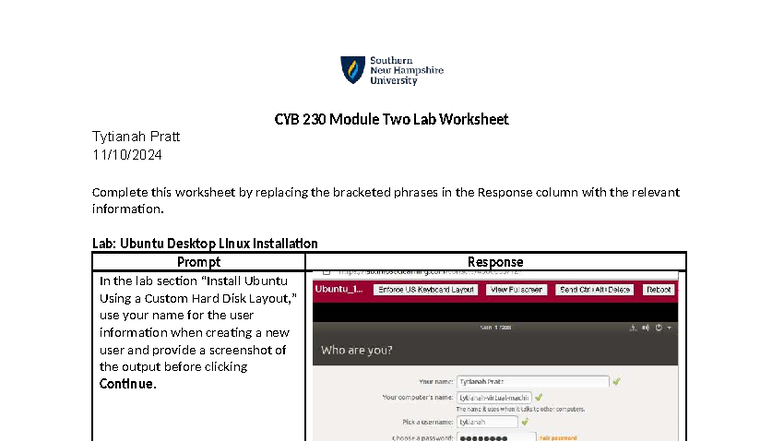CYB 230 Module Two Lab Worksheet: Ubuntu Installation & Security Tasks ...