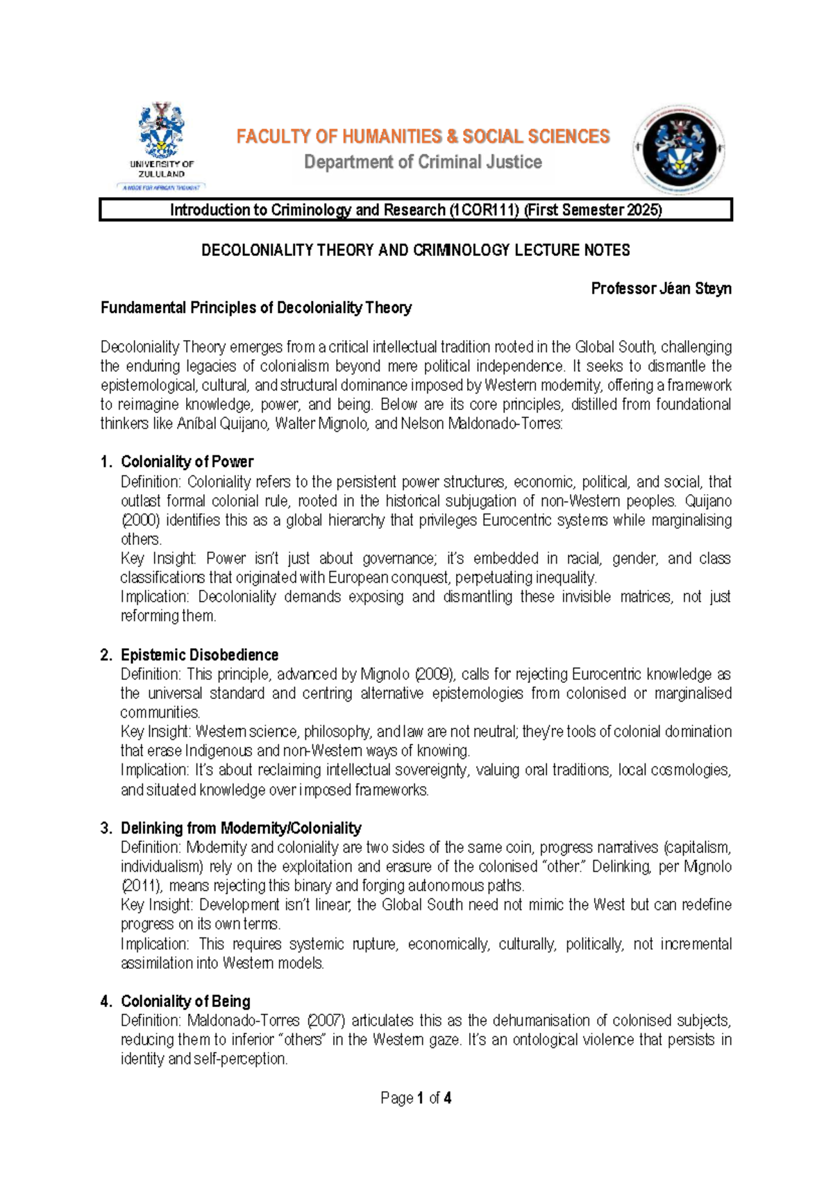 1COR111 - 2025 - Lecture Notes on Decoloniality Theory in Criminology ...