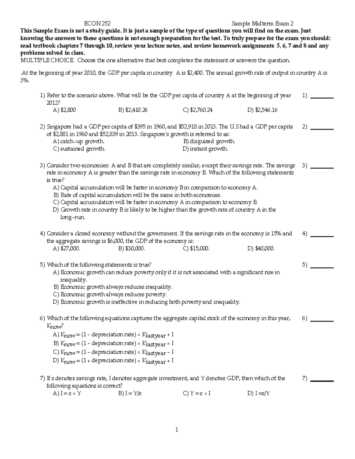 ECON 252 Sample Midterm Exam 2 Study Guide - Studocu