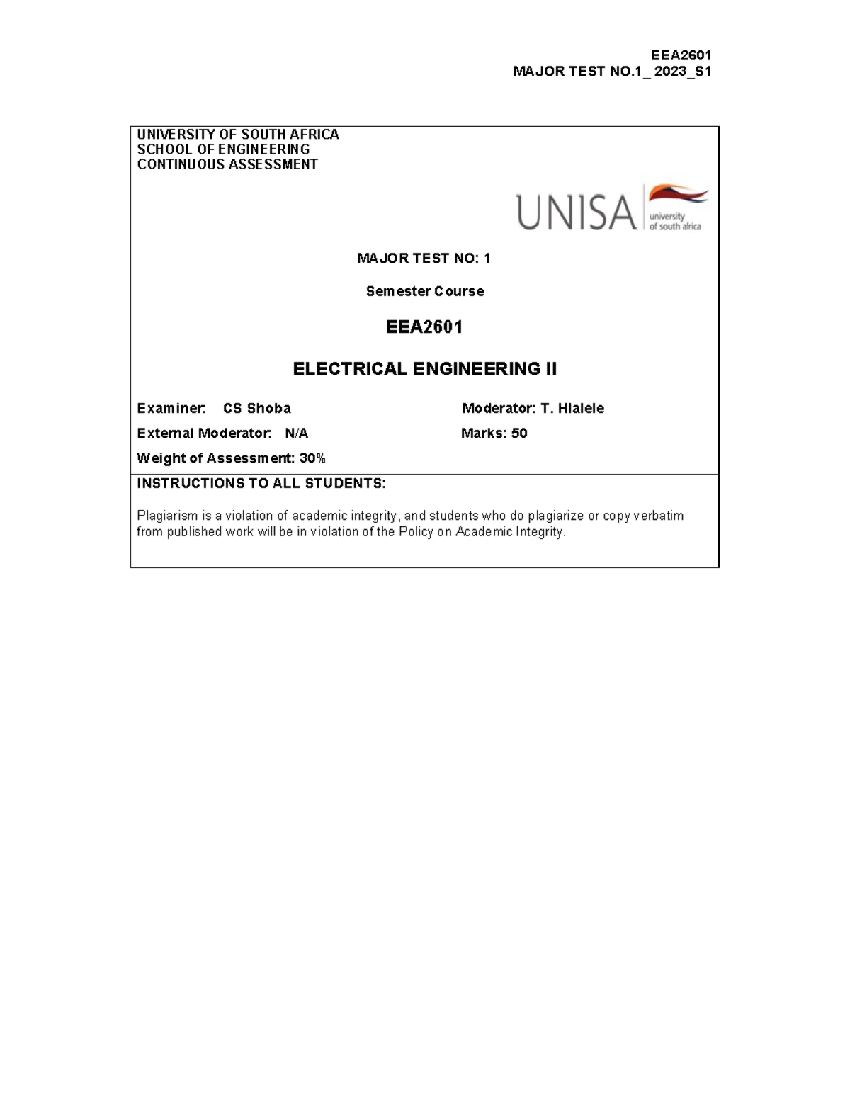 EEA2601 Major Test No. 1 - Electrical Engineering II - 2023_S1 - Studocu