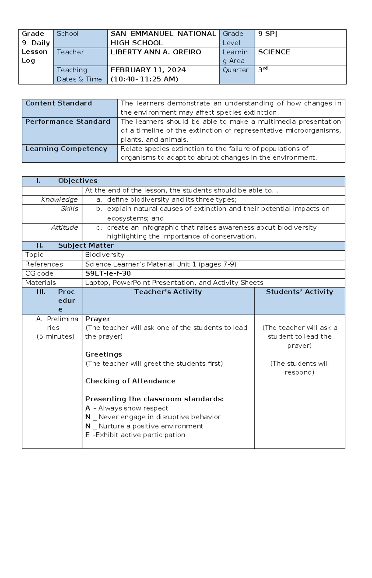 Grade 9 Biodiversity - NONE - Content Standard The learners demonstrate ...
