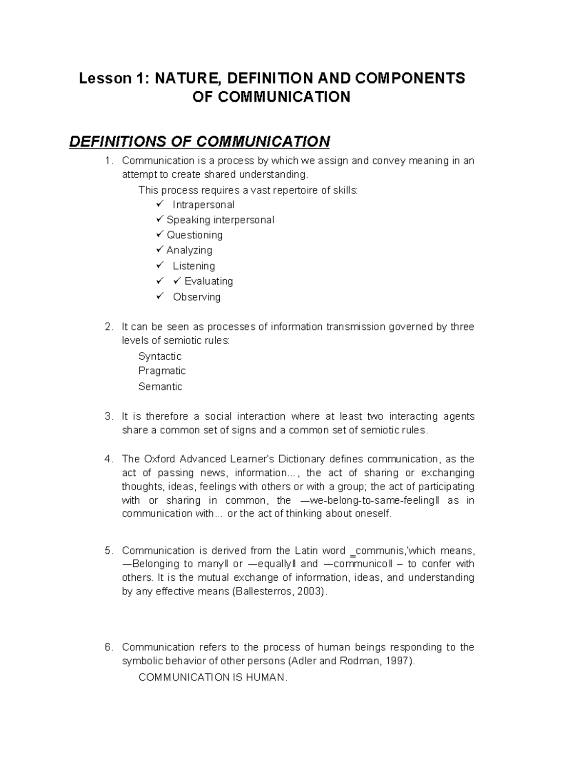 Lesson 1 - Understanding the Nature and Components of Communication - Studocu