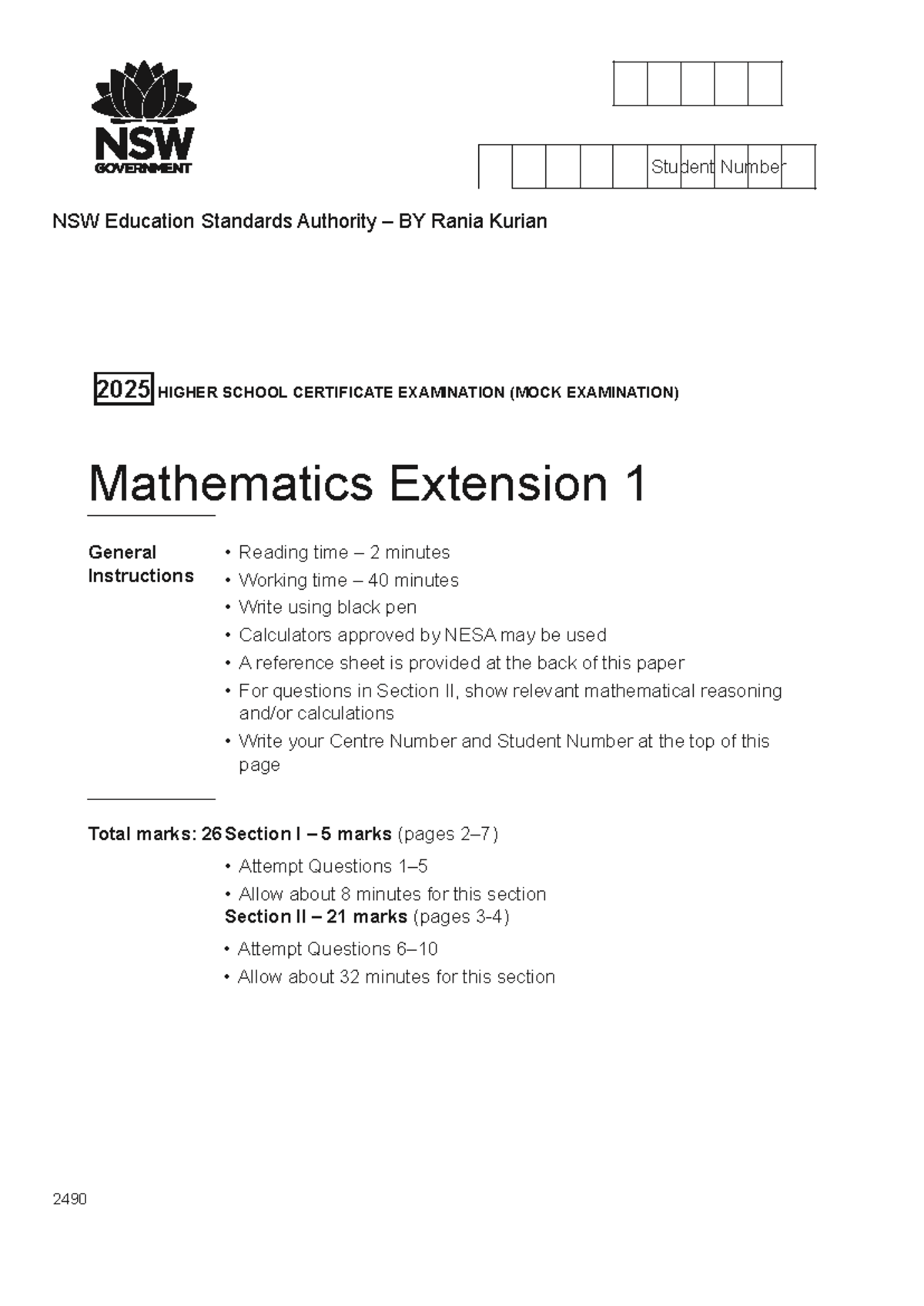 Mathematics Extension 1 Mock Exam - HSC 2025 (Advanced Task 3) - Studocu