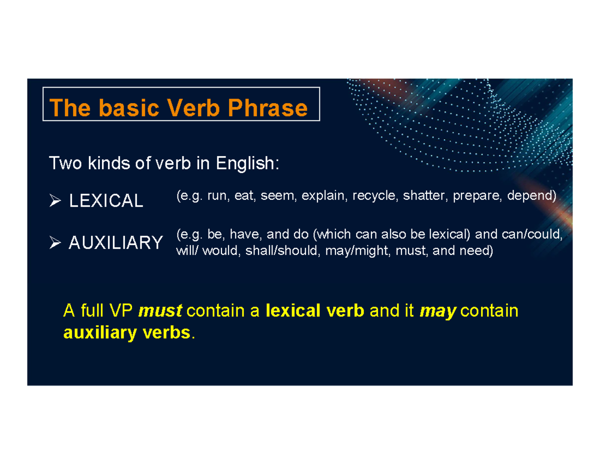 Syntax - The basic Verb Phrase Two kinds of verb in English: LEXICAL AUXILIARY (e. run, eat ...