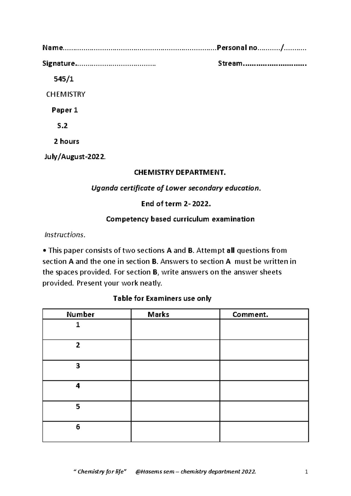 S2 Chemistry Paper 1 End of Term 2 Exam: Competency-Based Curriculum ...