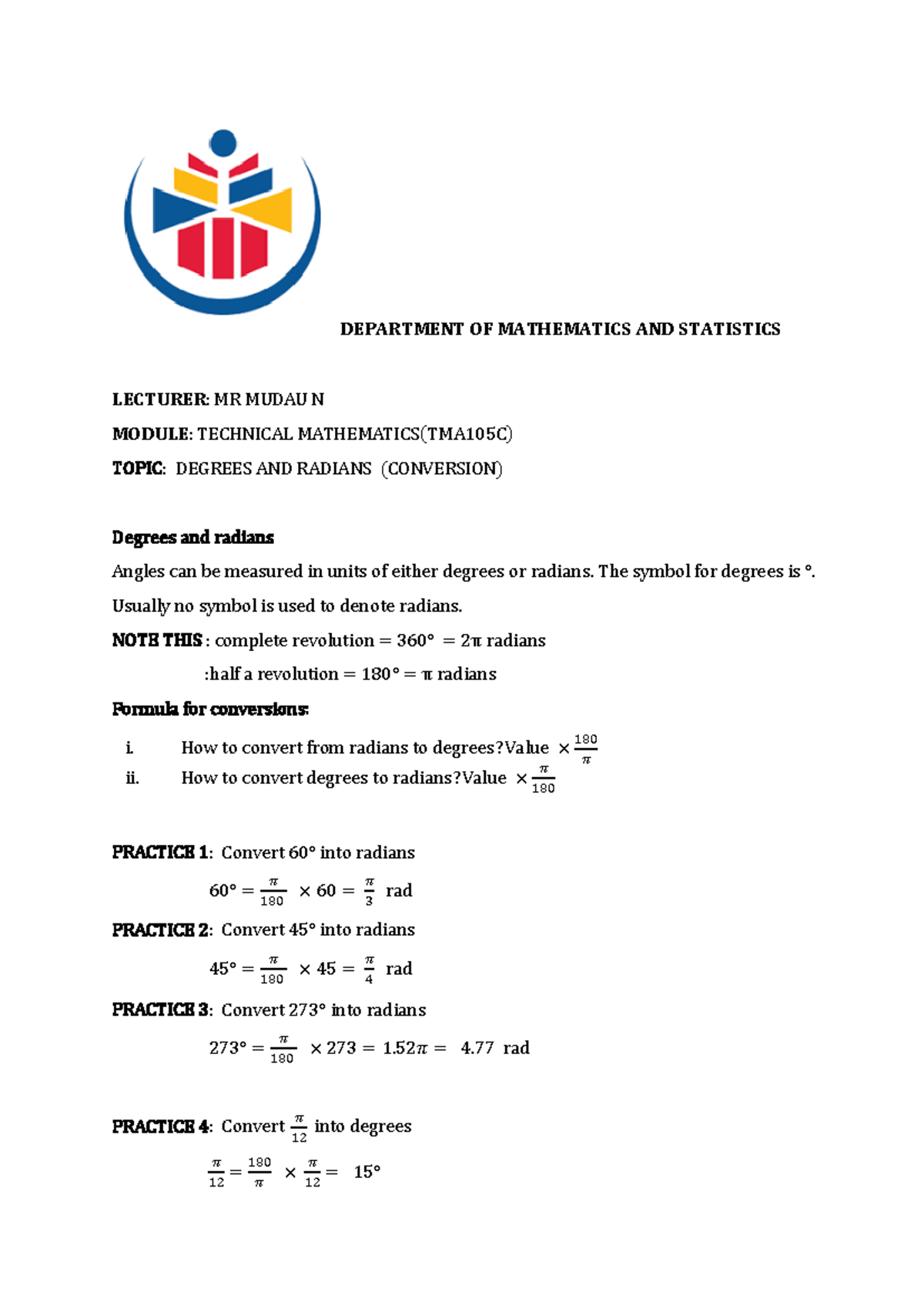 TMA105C Lecture Notes: Degrees and Radians Conversion - Studocu