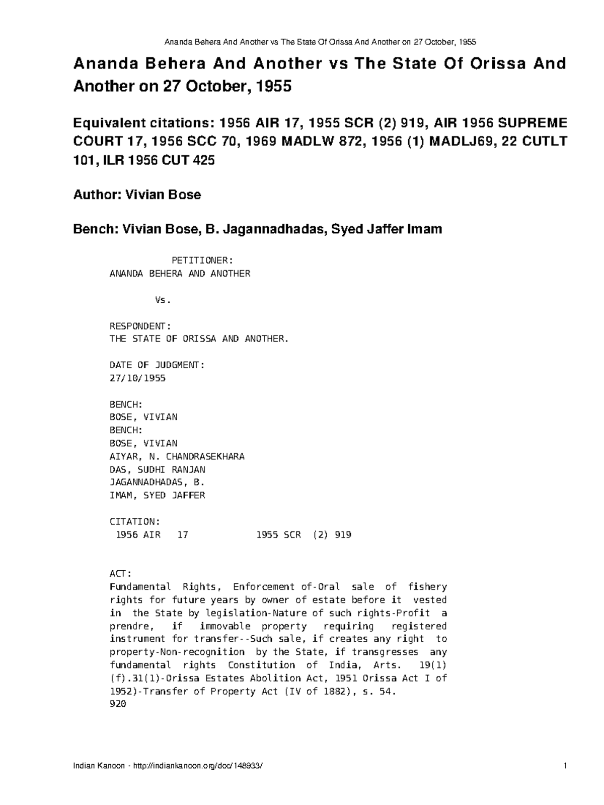 Case Study: Ananda Behera vs State of Orissa (1955) - Fundamental ...