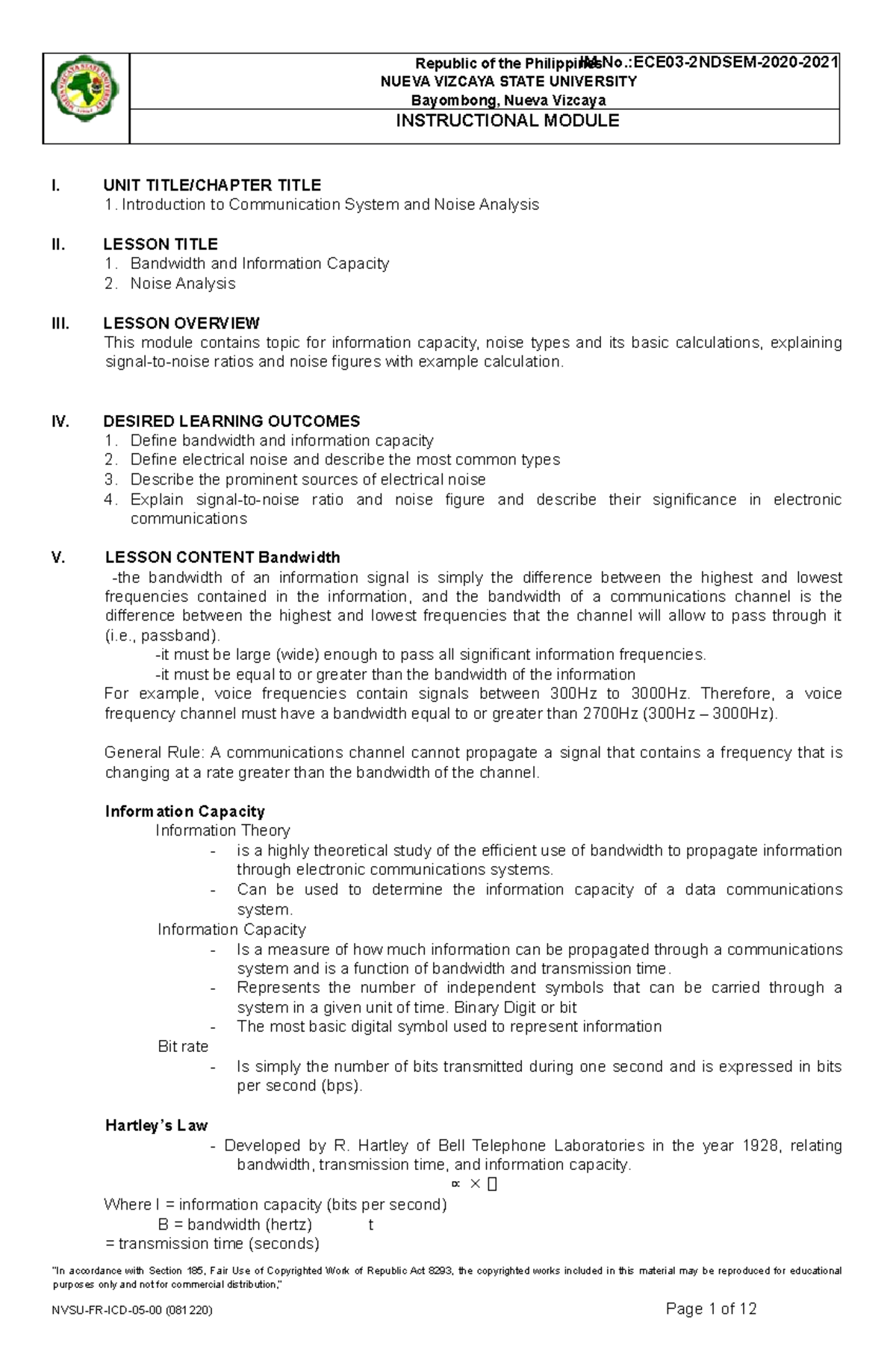 IM02-PC - 1. Bandwidth and Information Capacity 2. Noise Analysis - I ...