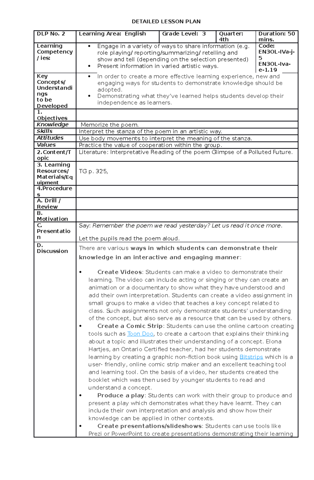 DLP2 - LESSON PLANS - DETAILED LESSON PLAN DLP No. 2 Learning Area ...