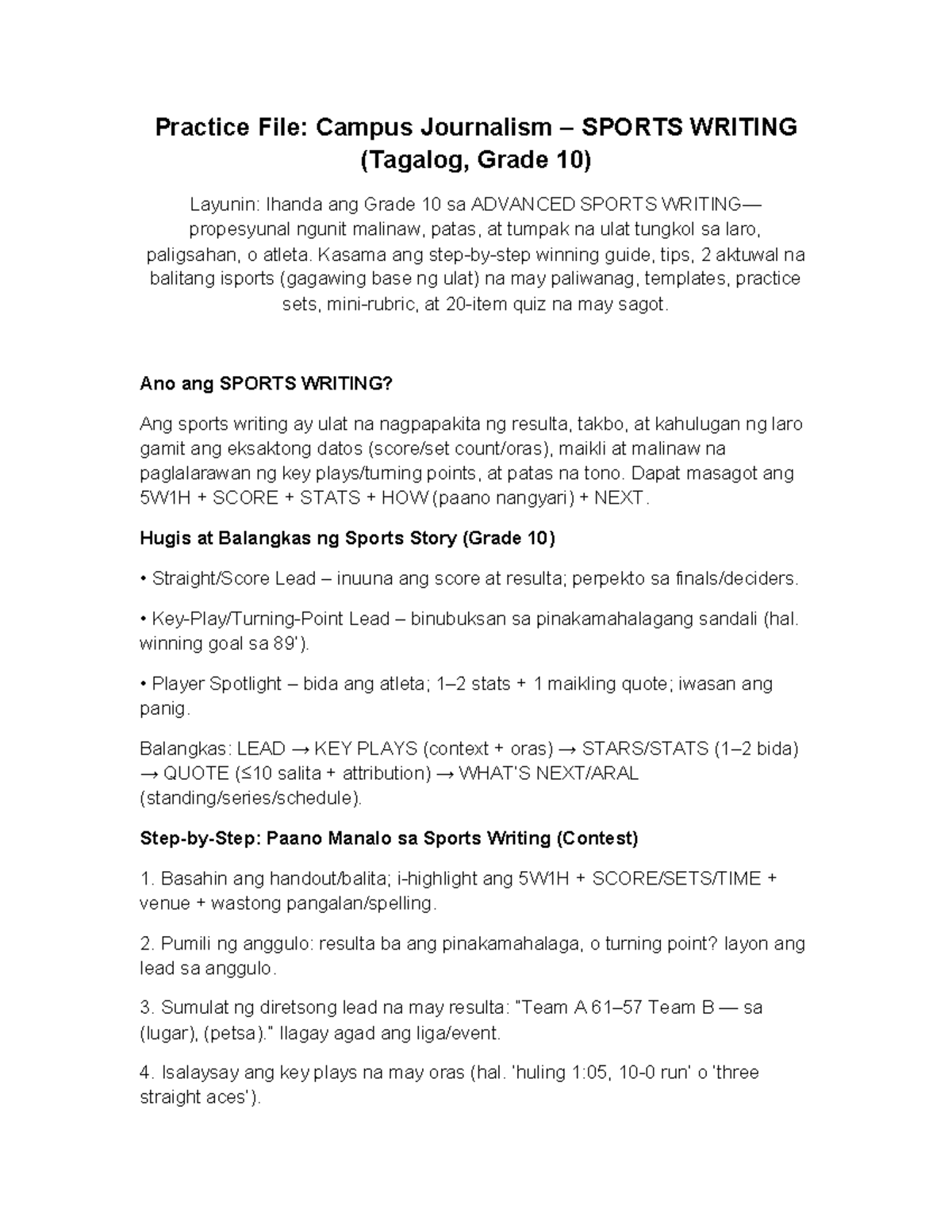 Practice File: Campus Journalism SPORTS WRITING (Grade 10, Tagalog ...