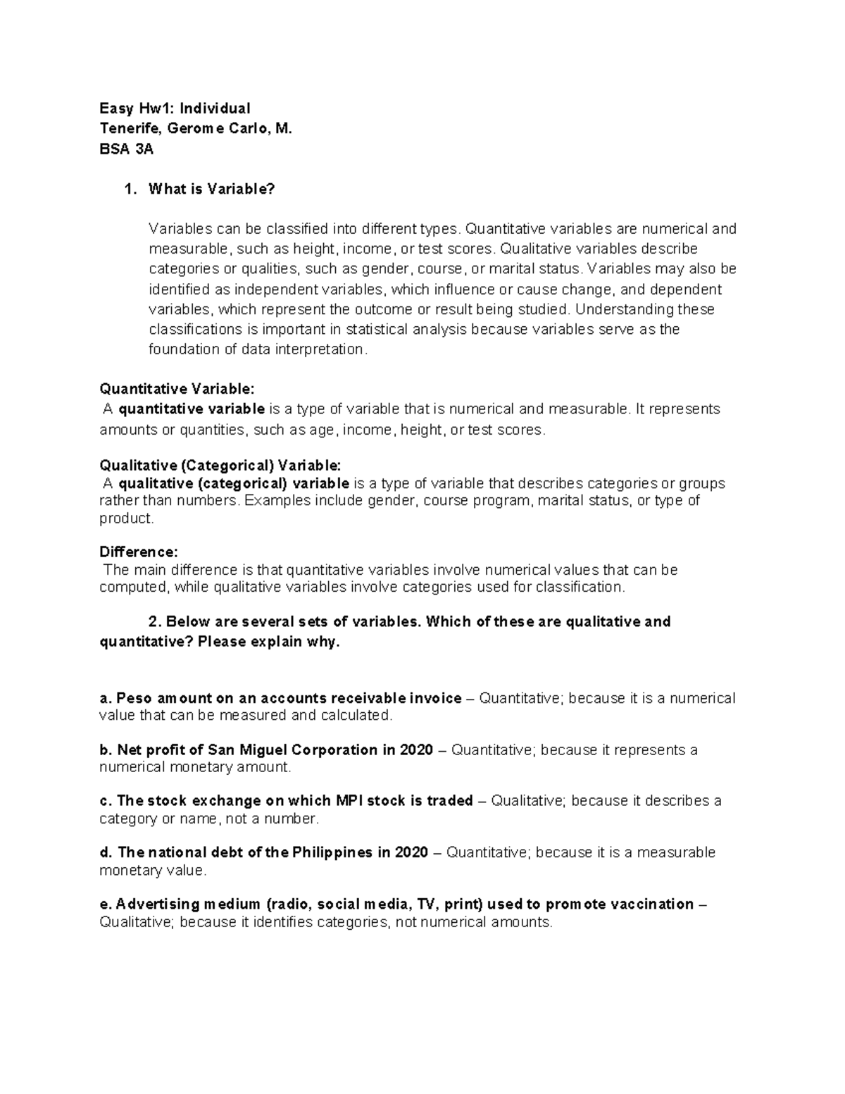 BSA 3A 1: Understanding Variables - Qualitative vs Quantitative - Studocu