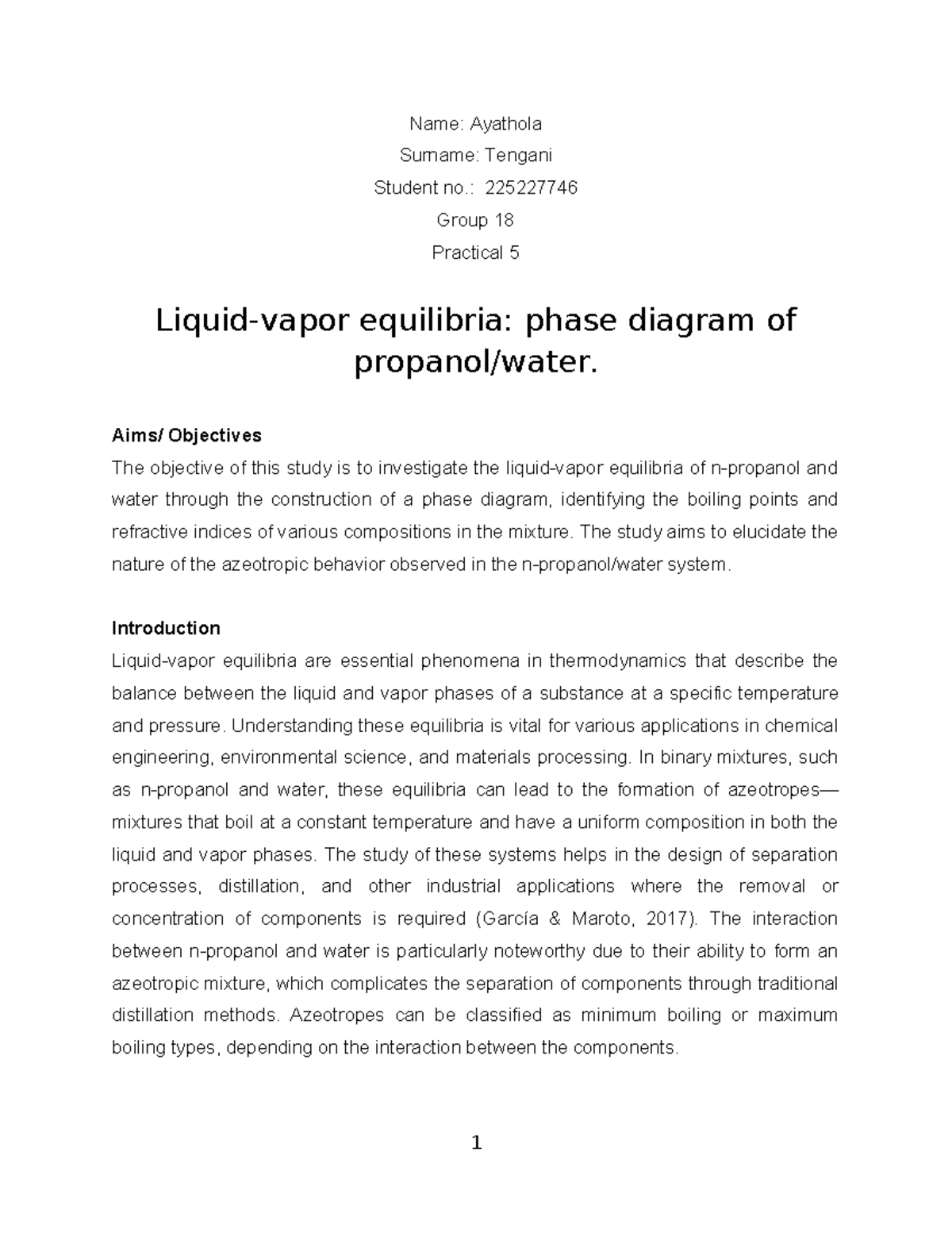 CHEM 405 - Final Exam: Liquid-Vapor Equilibria of Propanol/Water - Studocu