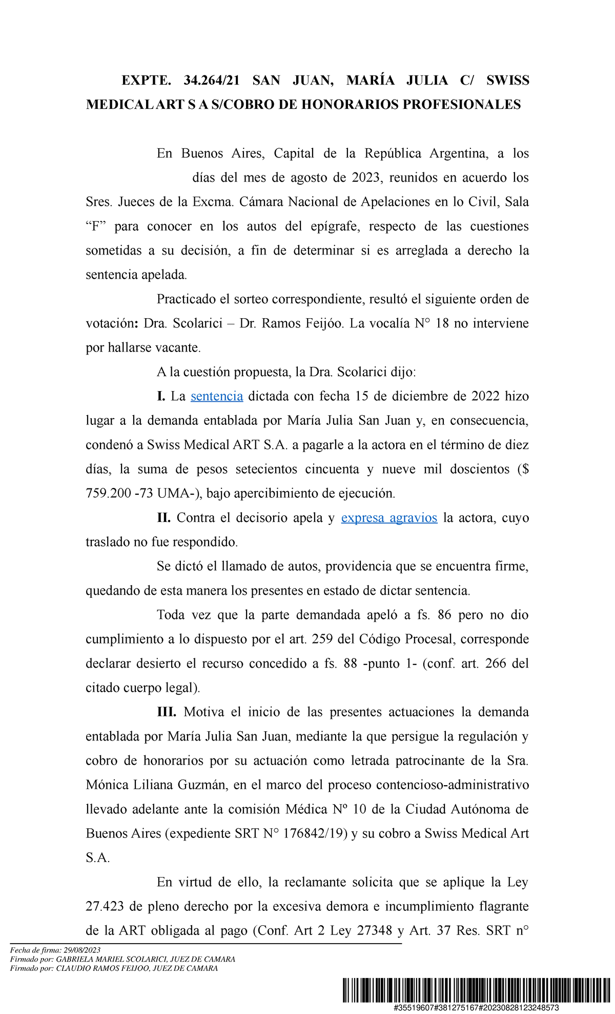 Fallo sobre Honorarios Profesionales en el Caso San Juan vs. Swiss ...