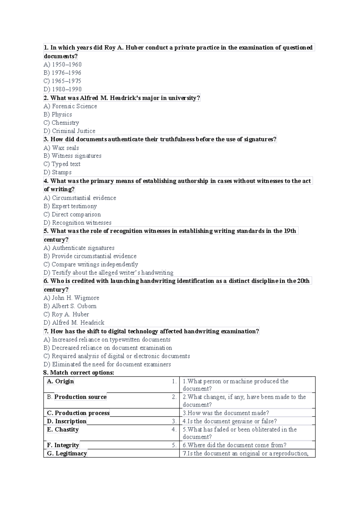 Questioned Documents MCQ Review for Forensic Studies (FORS 301) - Studocu
