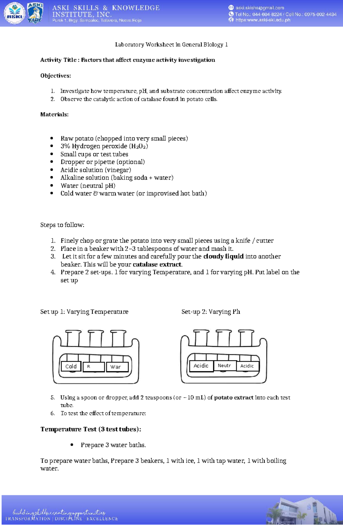 General Biology 1 Lab Worksheet: Enzyme Activity Investigation - Studocu
