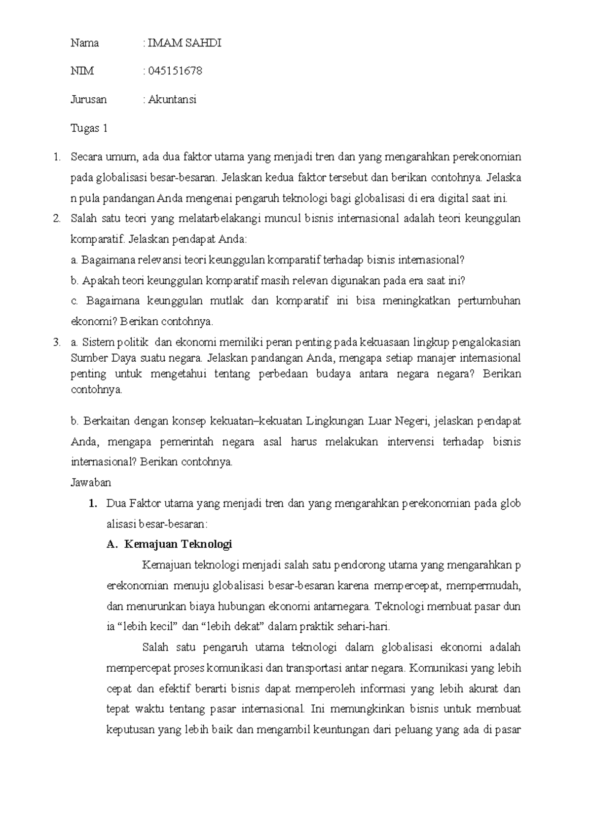 Tugas 1: Analisis Globalisasi dan Teori Keunggulan Komparatif (AKT 101 ...