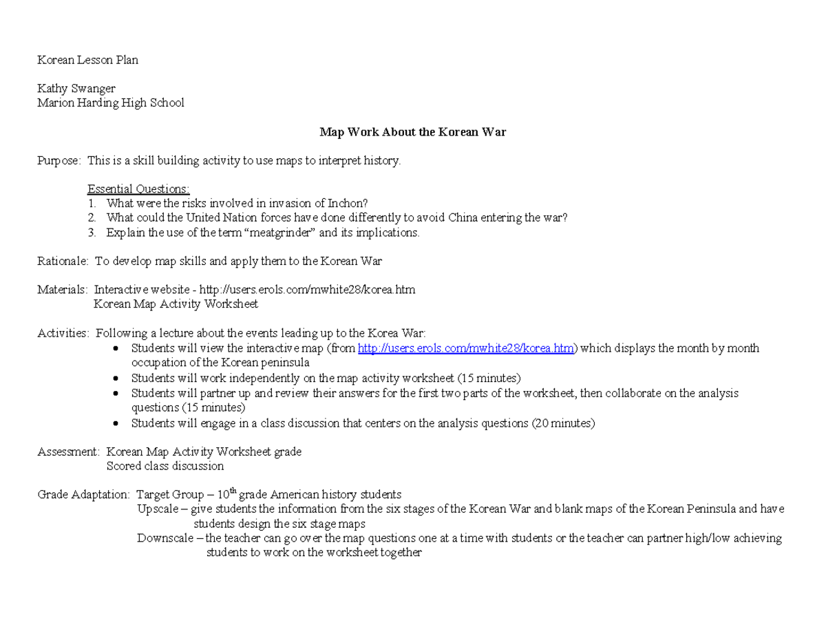 Korean War Map activity - Korean Lesson Plan Kathy Swanger Marion ...