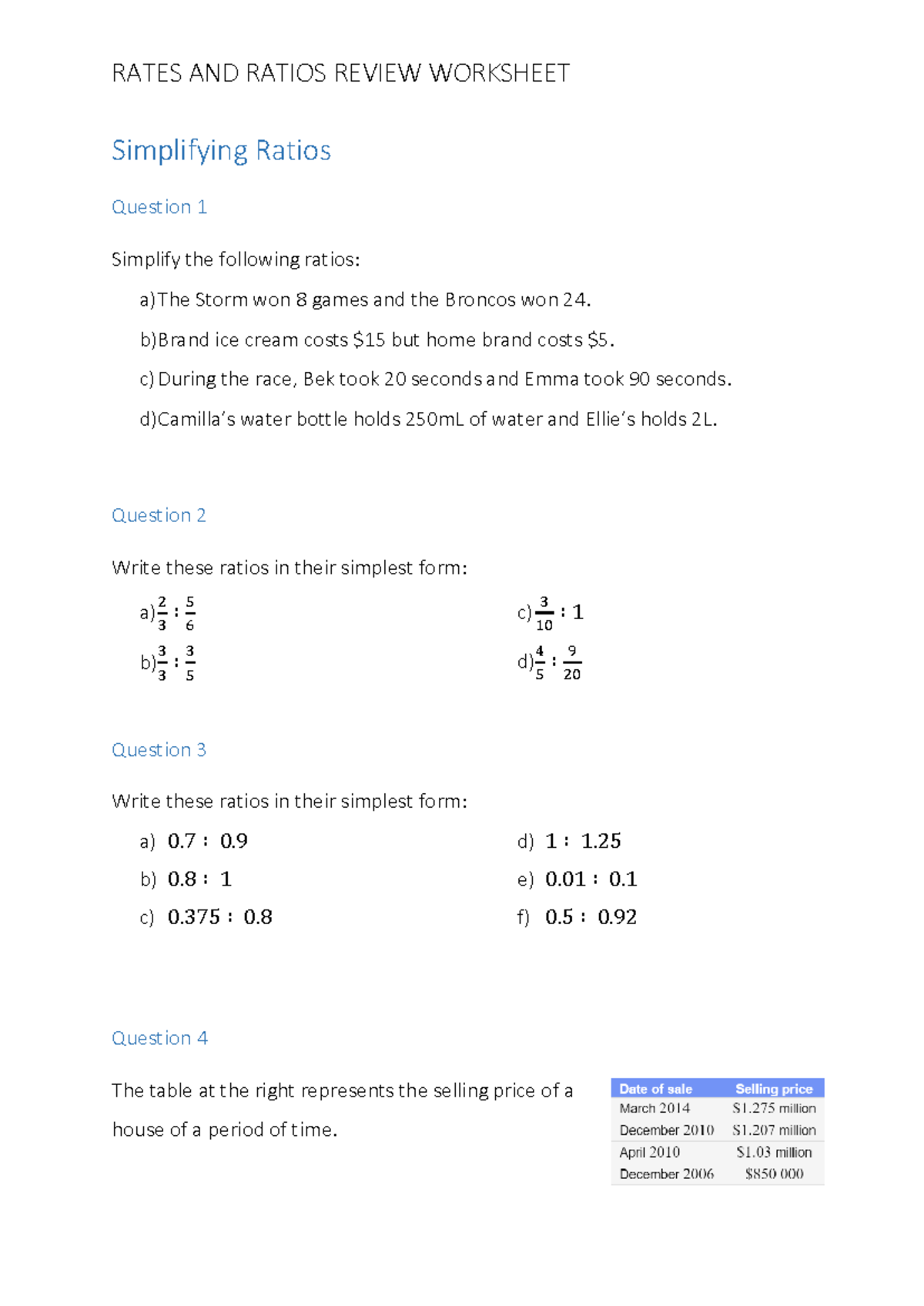 Revision Sheet: Rates and Ratios Review Worksheet - Studocu