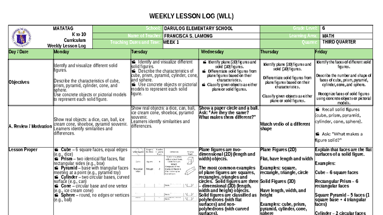 WEEKLY LESSON LOG (WLL) for Grade 6 Math - 3rd Quarter - Studocu