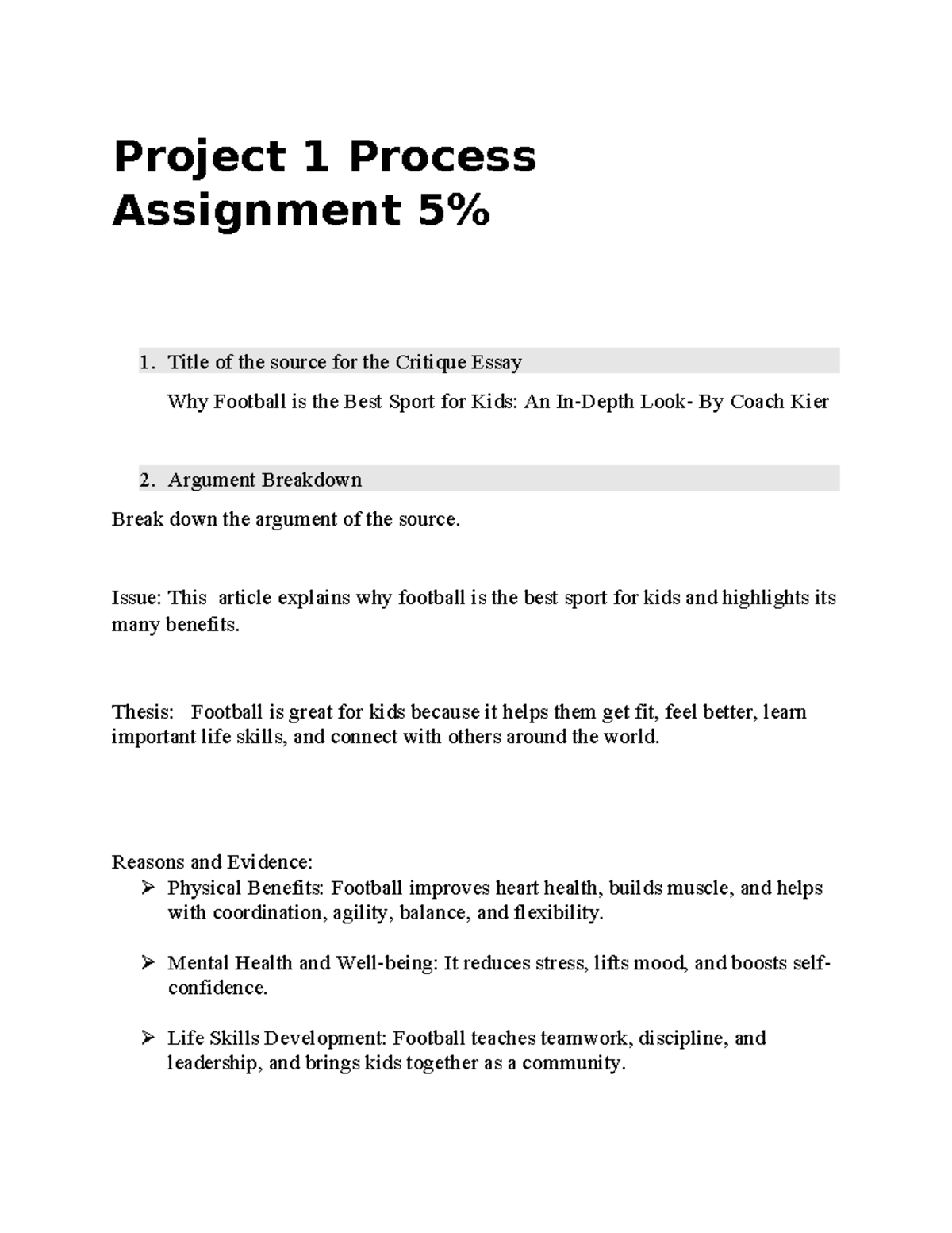 Project 1 process assignment: Critique essay on football for kids - Studocu