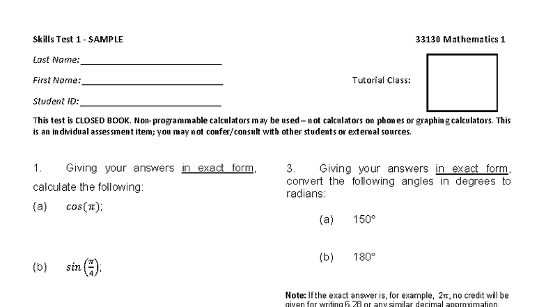 33130 Mathematics 1 Skills Test 1 Sample Document - Studocu