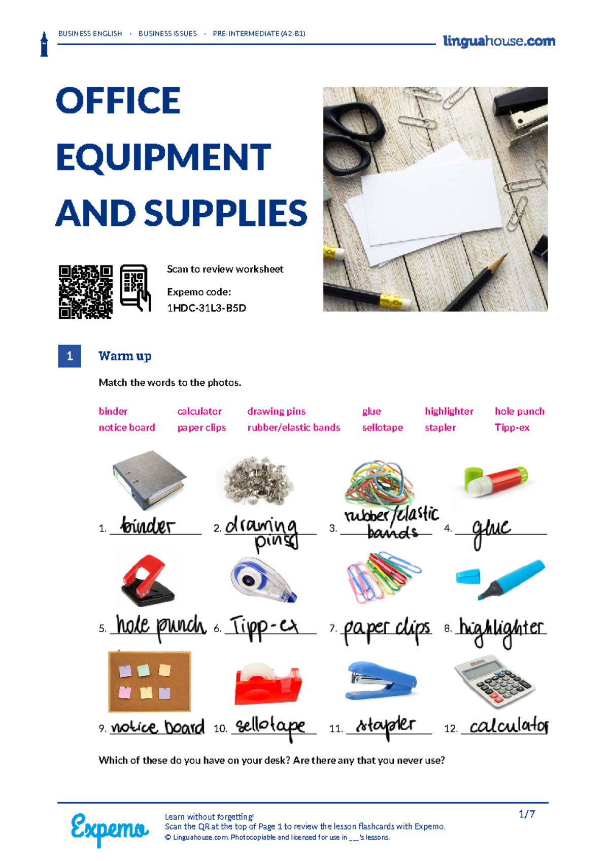BUSINESS ENGLISH: OFFICE EQUIPMENT AND SUPPLIES WORKSHEET - Studocu