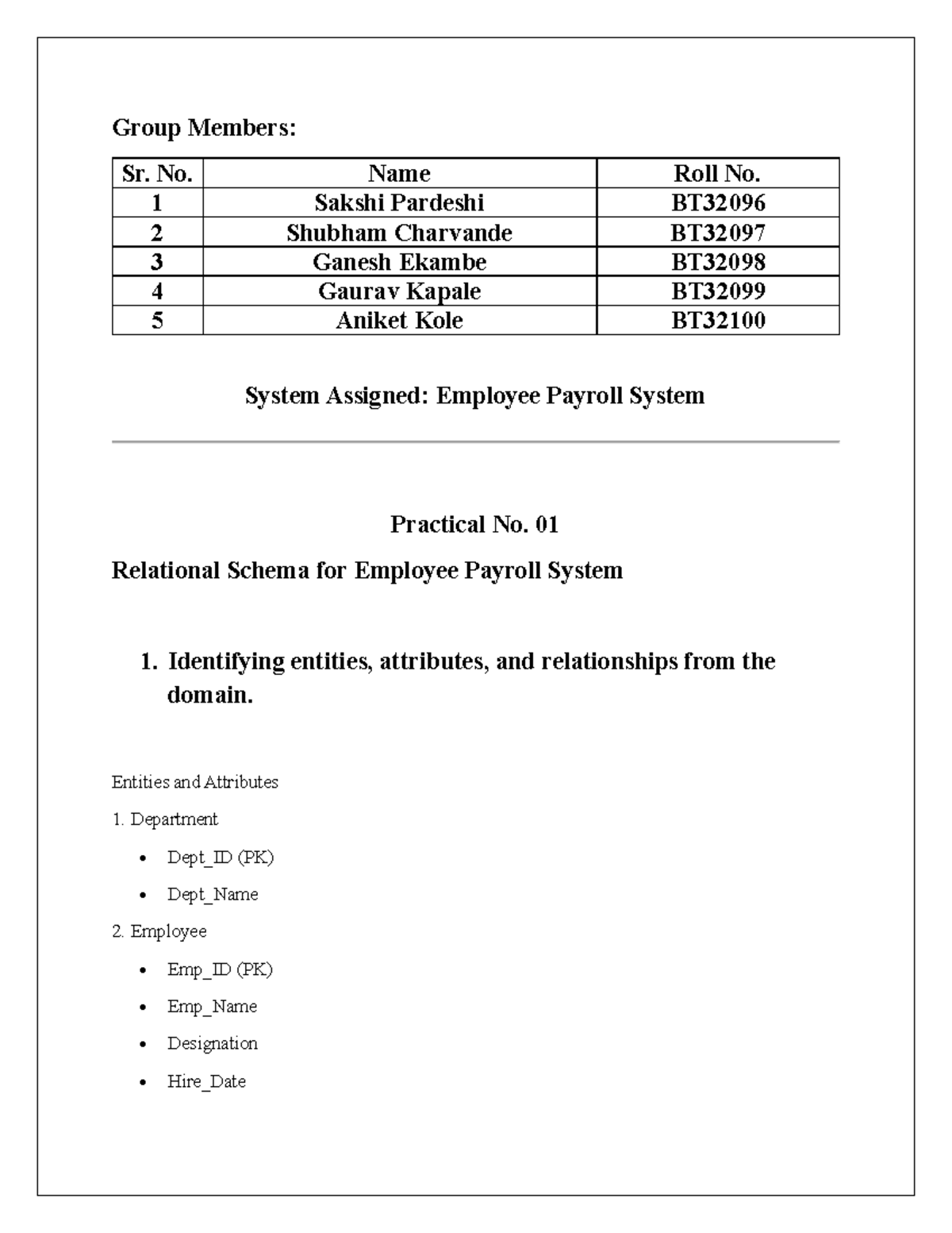 Practical No. 01: Relational Schema for Employee Payroll System (DBMS ...