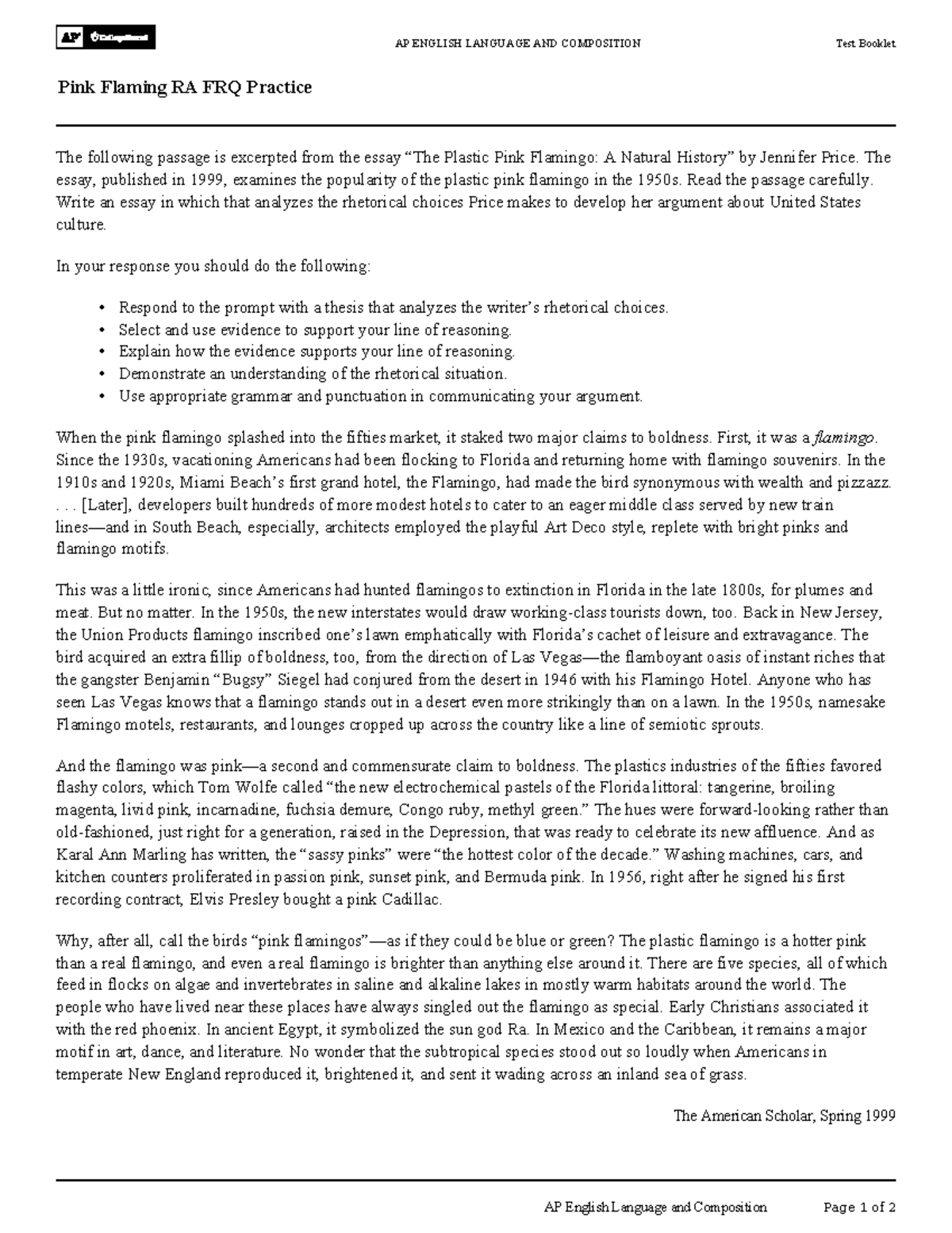 AP ENGLISH LANGUAGE AND COMPOSITION: Essay Analysis on Pink Flamingo ...