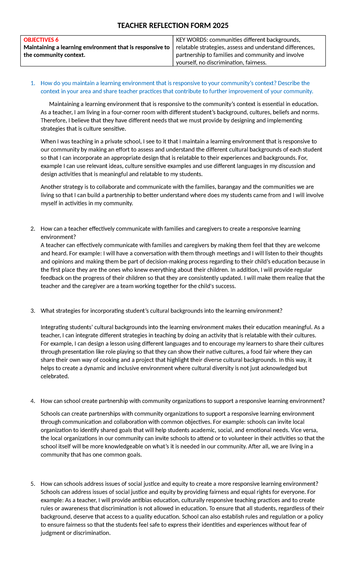 Teacher Reflection Form 2025: Strategies for Responsive Learning ...