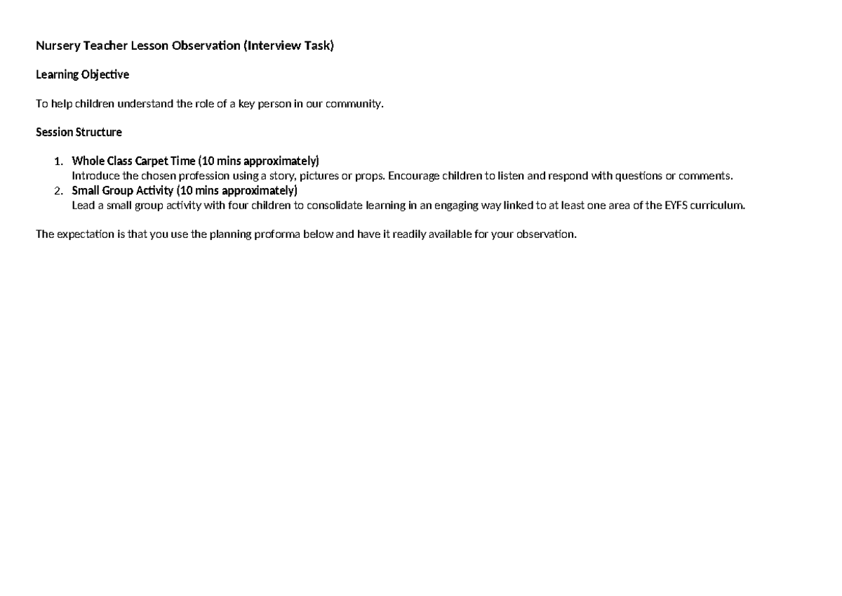 Nursery Teacher Lesson Observation: Key Person Role in Community - Studocu