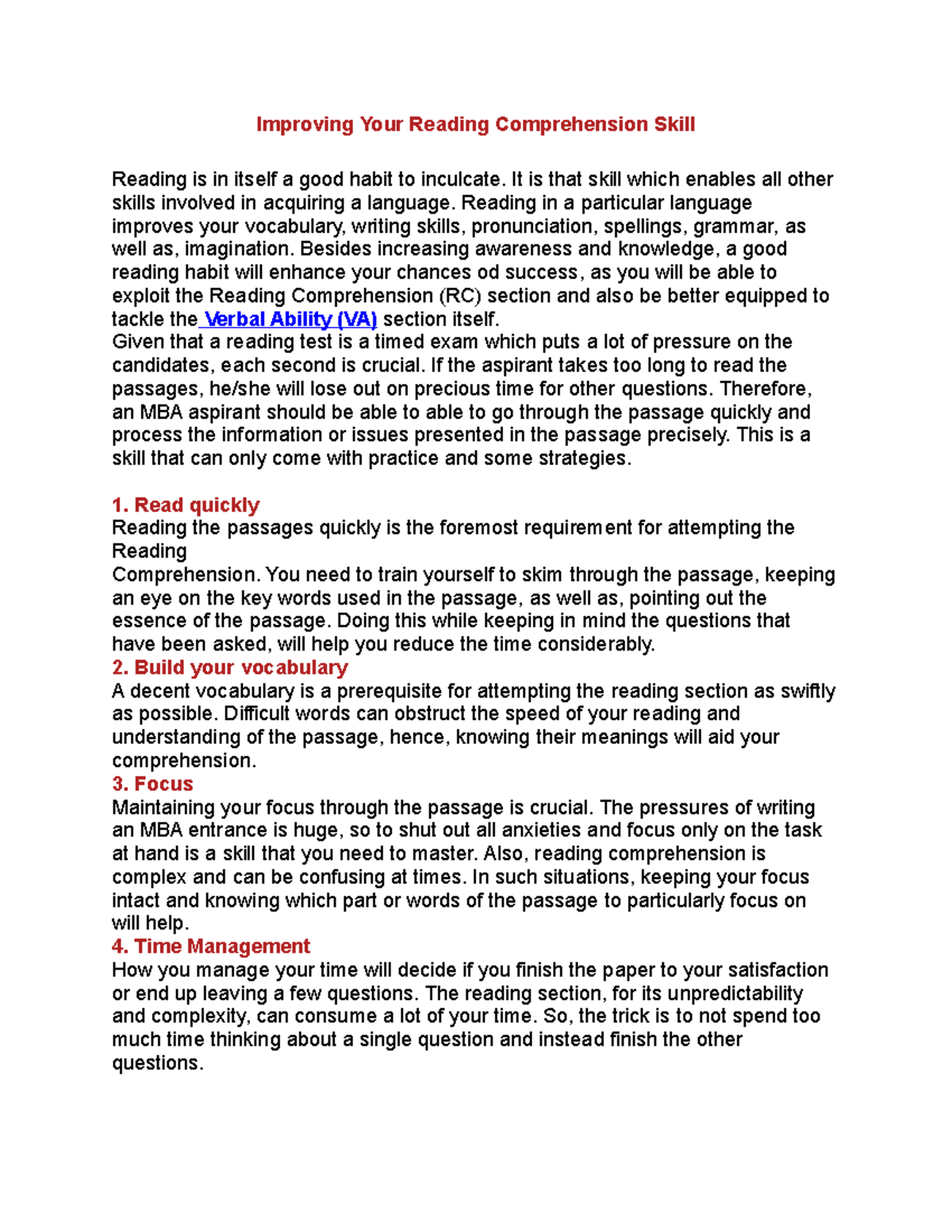 Enhancing Reading Comprehension Skills for MBA Entrance Exams - Studocu