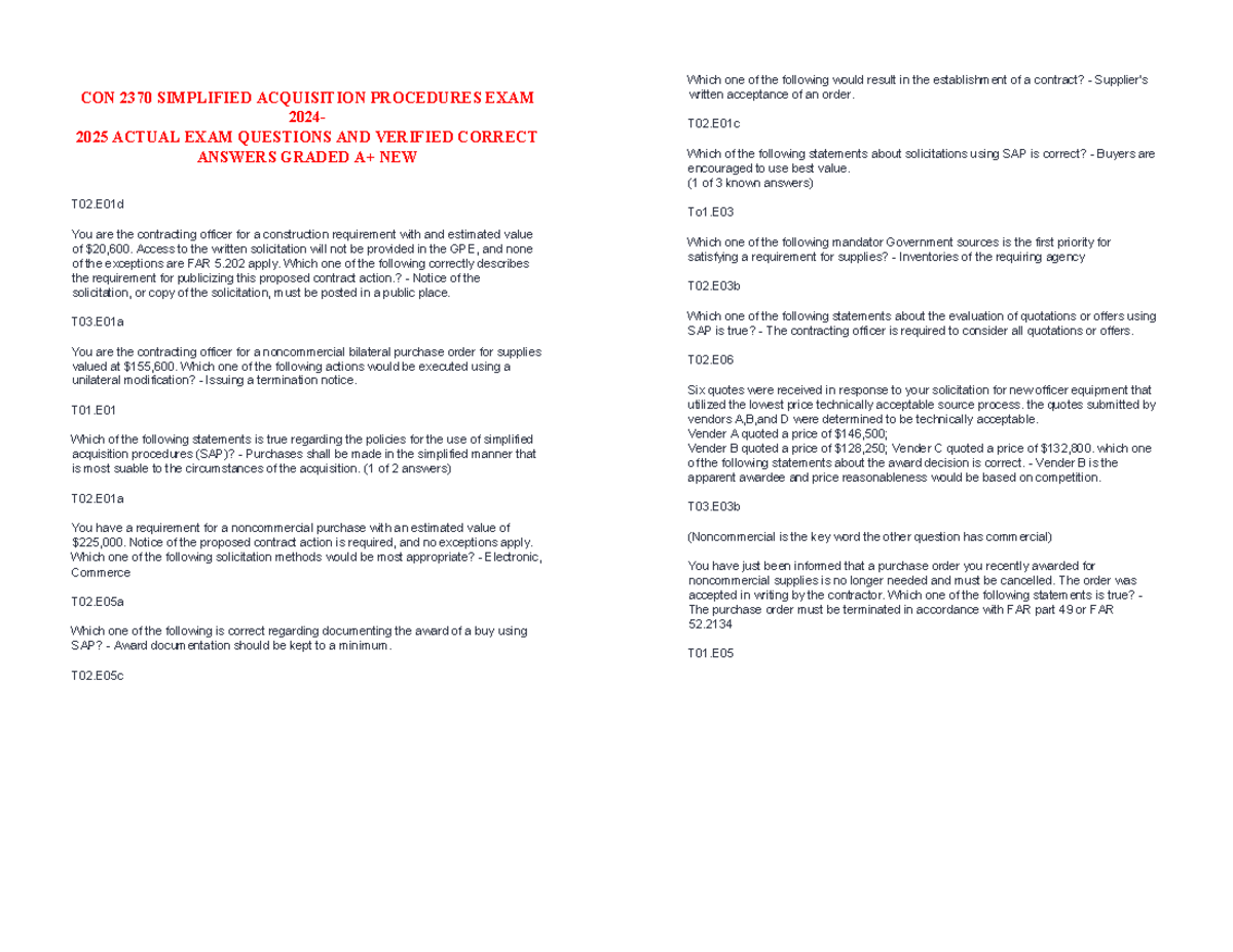 CON 2370 SIMPLIFIED ACQUISITION PROCEDURES EXAM 2024-2025 QUESTIONS ...