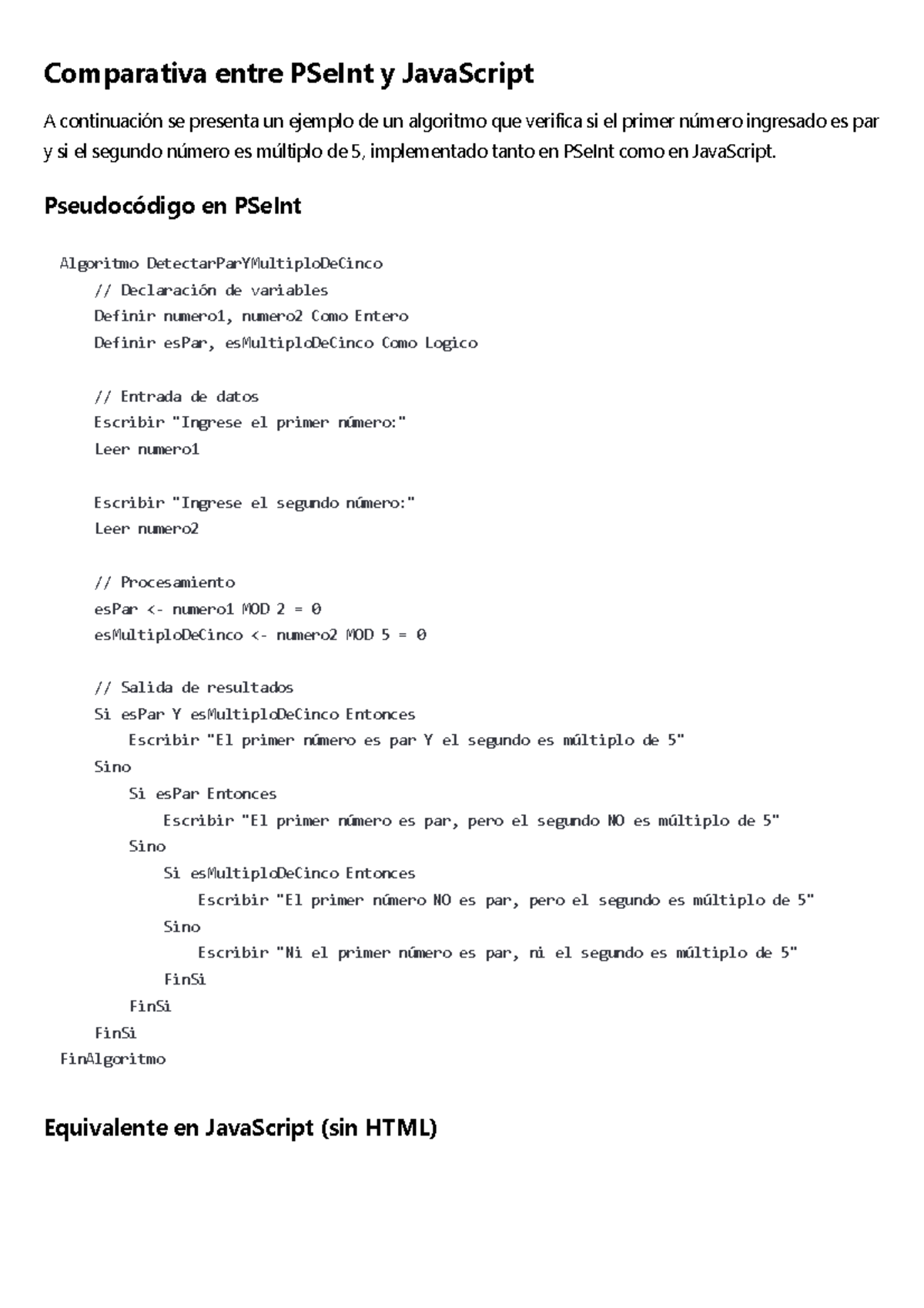 Comparativa entre PSeInt y JavaScript: Algoritmos de Par y Múltiplo ...