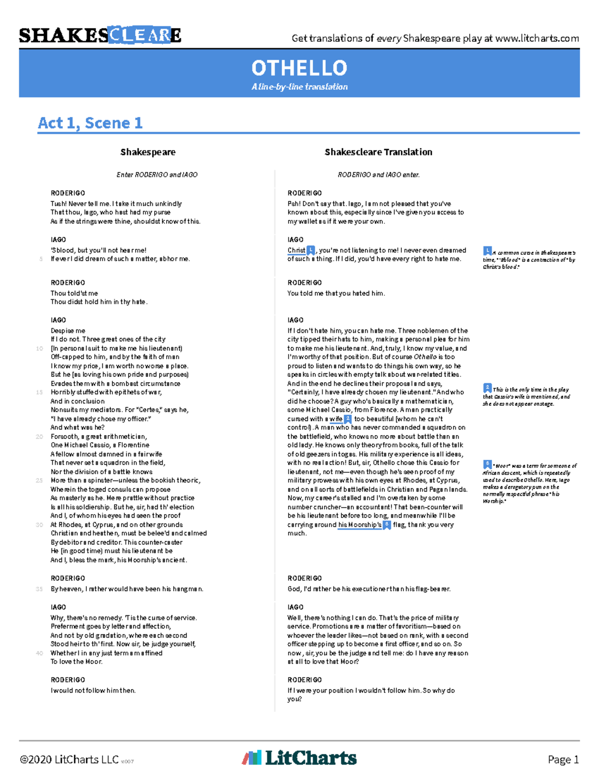 Othello (ENG 201): Lit Charts Shakescleare Translation - Act 1 Scenes 1 ...