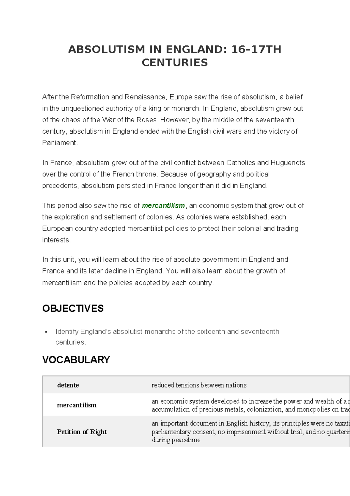 Absolutism and Mercantilism in England: 16th-17th Century Overview ...