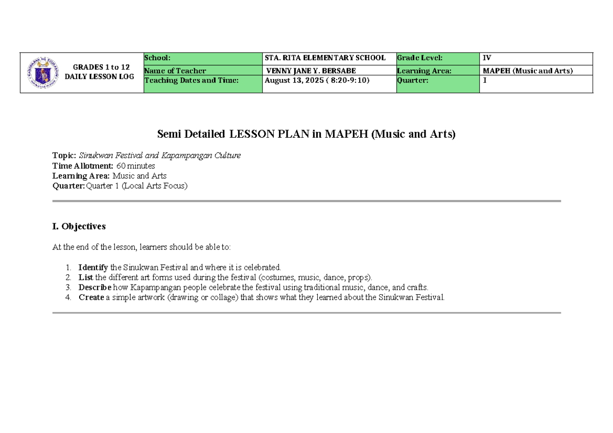Detailed Lesson Plan in MAPEH (Grade IV): Sinukwan Festival - Studocu