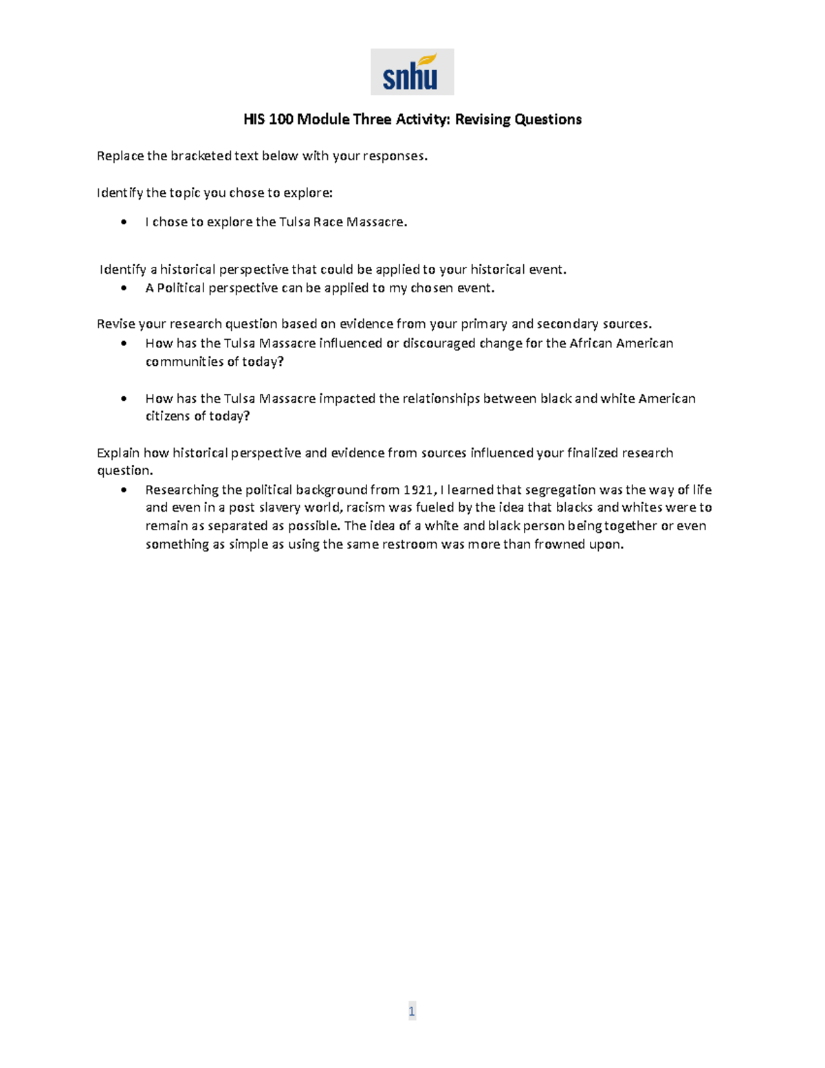 HIS 100 Module Three Activity Revising Questions - 1 HIS 100 Module ...