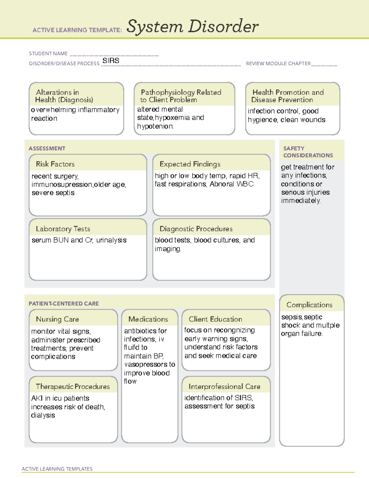 ACTIVE LEARNING TEMPLATE: System Disorder SIRS Overview and Care - Studocu