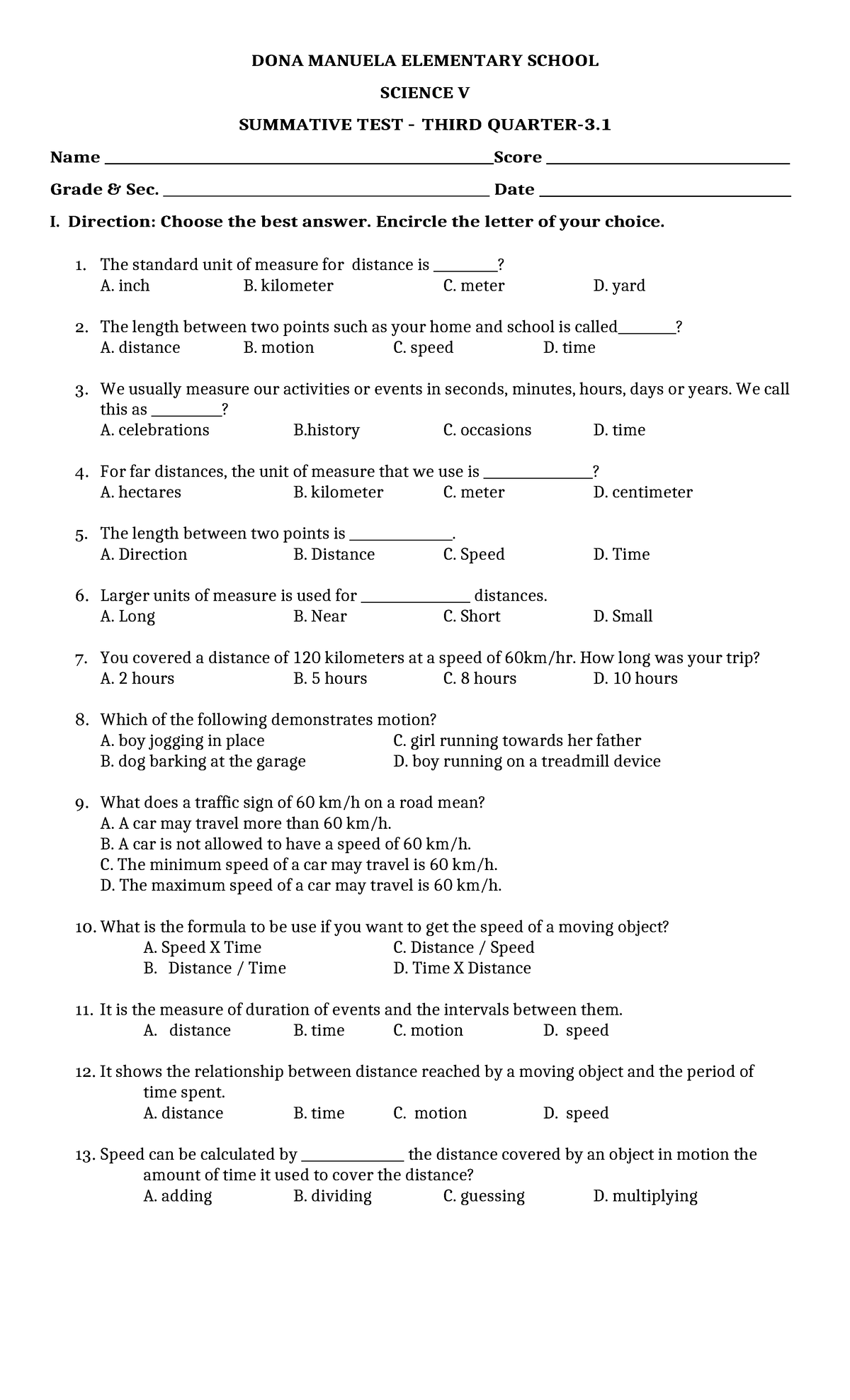 1st summative test Q3 - TEST - DONA MANUELA ELEMENTARY SCHOOL SCIENCE V ...