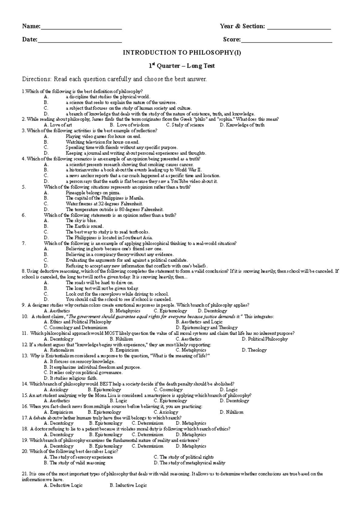 Philosophy 1st Quarter Long Test (INTRODUCTION TO PHILOSOPHY I) - Studocu