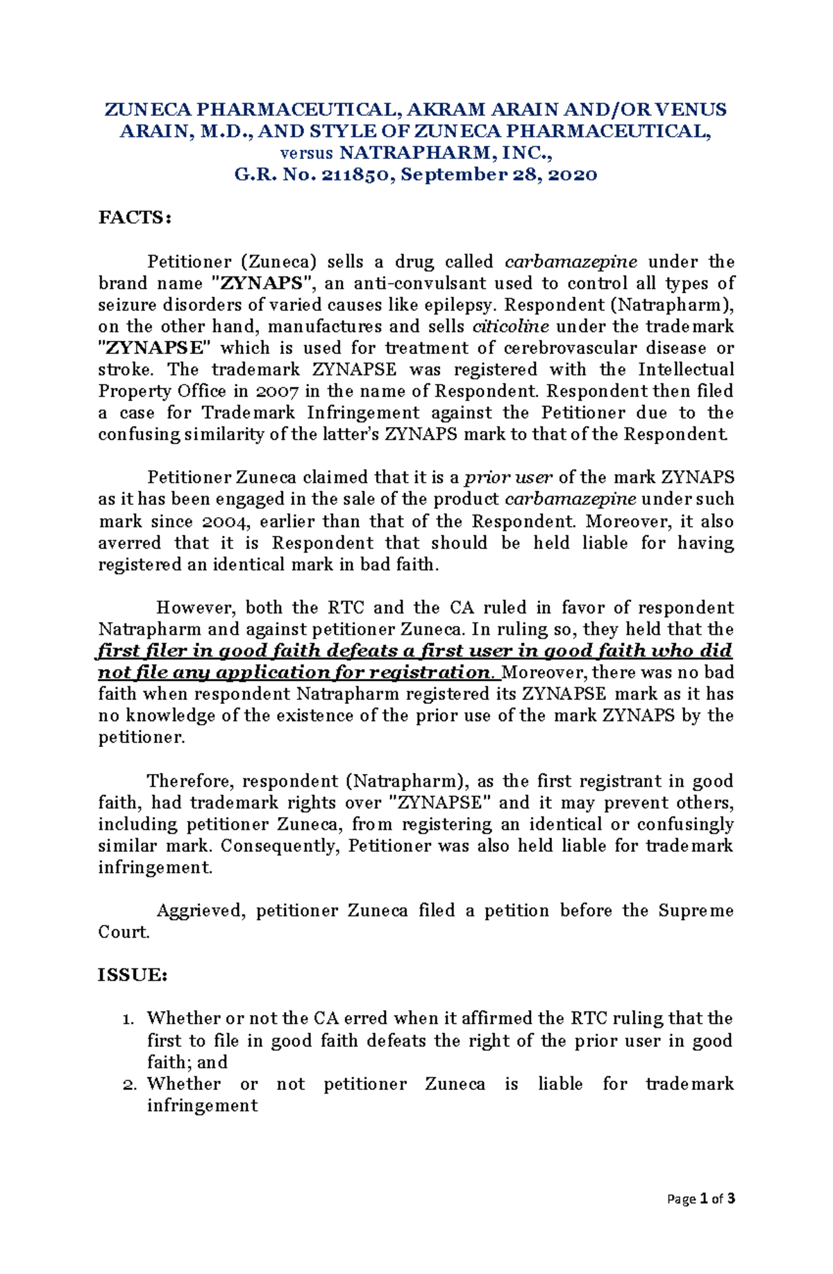 Zuneca Pharmaceutical Case Digest - ZUNECA PHARMACEUTICAL, AKRAM ARAIN ...