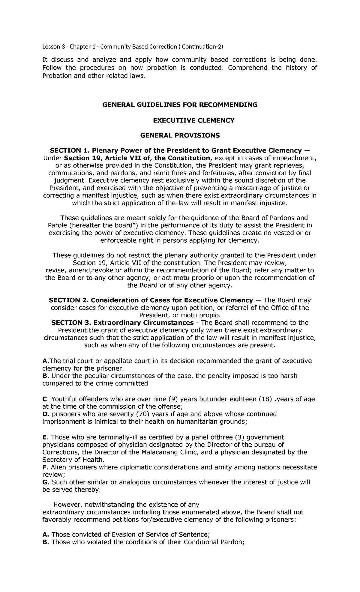 Lesson 3: Community-Based Corrections and Executive Clemency Guidelines ...