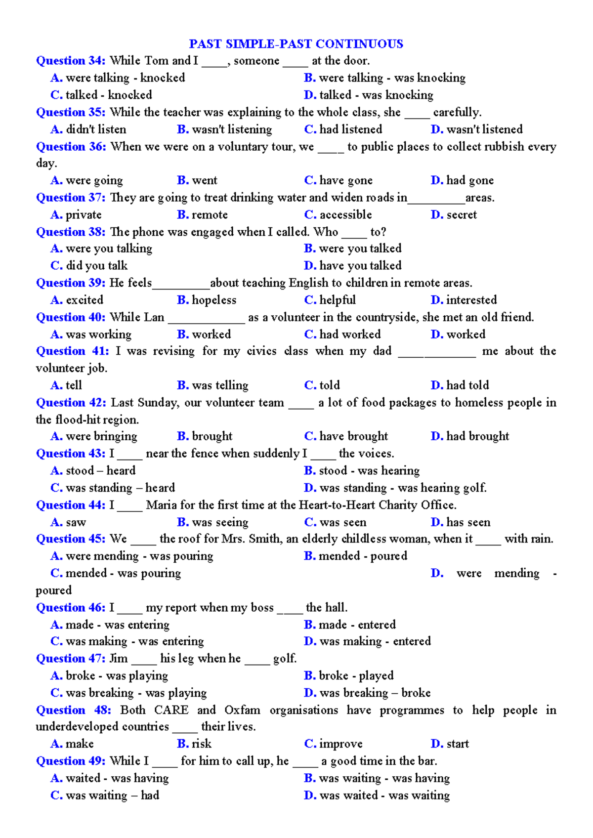 PAST Tense Practice Questions: Simple & Continuous - Studocu