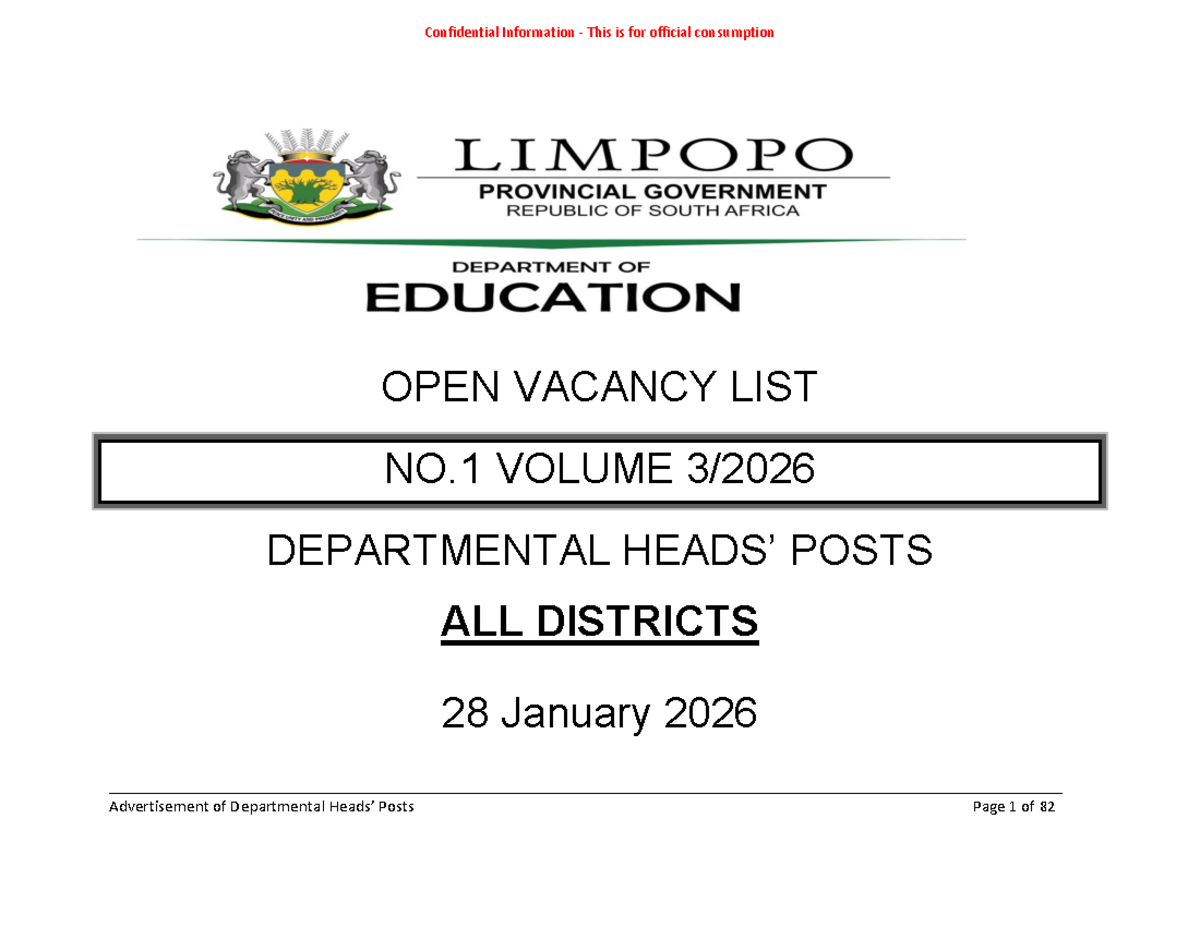 Advertisement of Departmental Heads' Posts: Open Vacancy List No. 1 ...