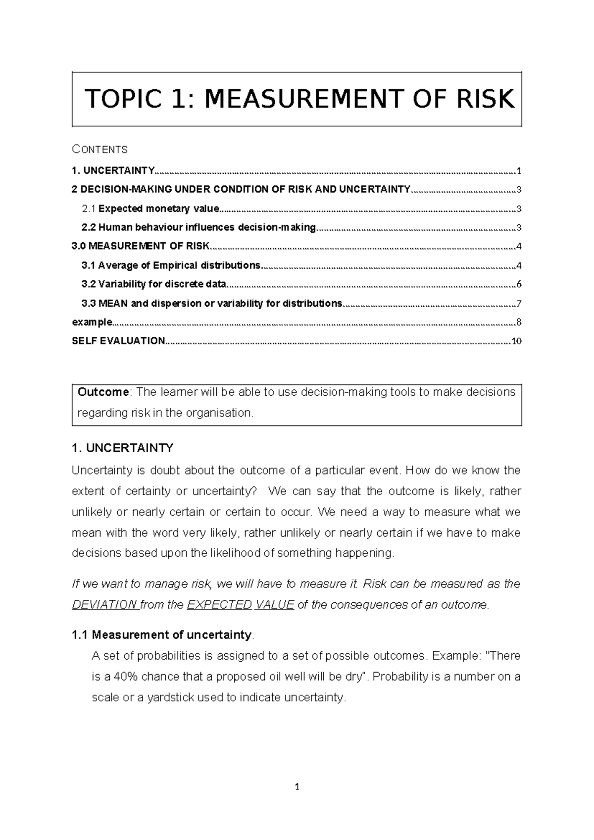 Measurement of risk Notes - TOPIC 1: MEASUREMENT OF RISK CONTENTS 1 ...