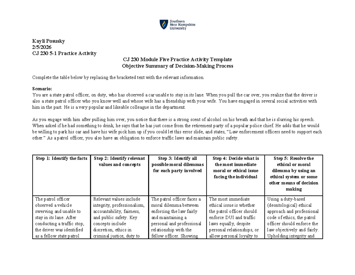 CJ 230 Module Five Practice Activity: Ethical Dilemma in Law ...