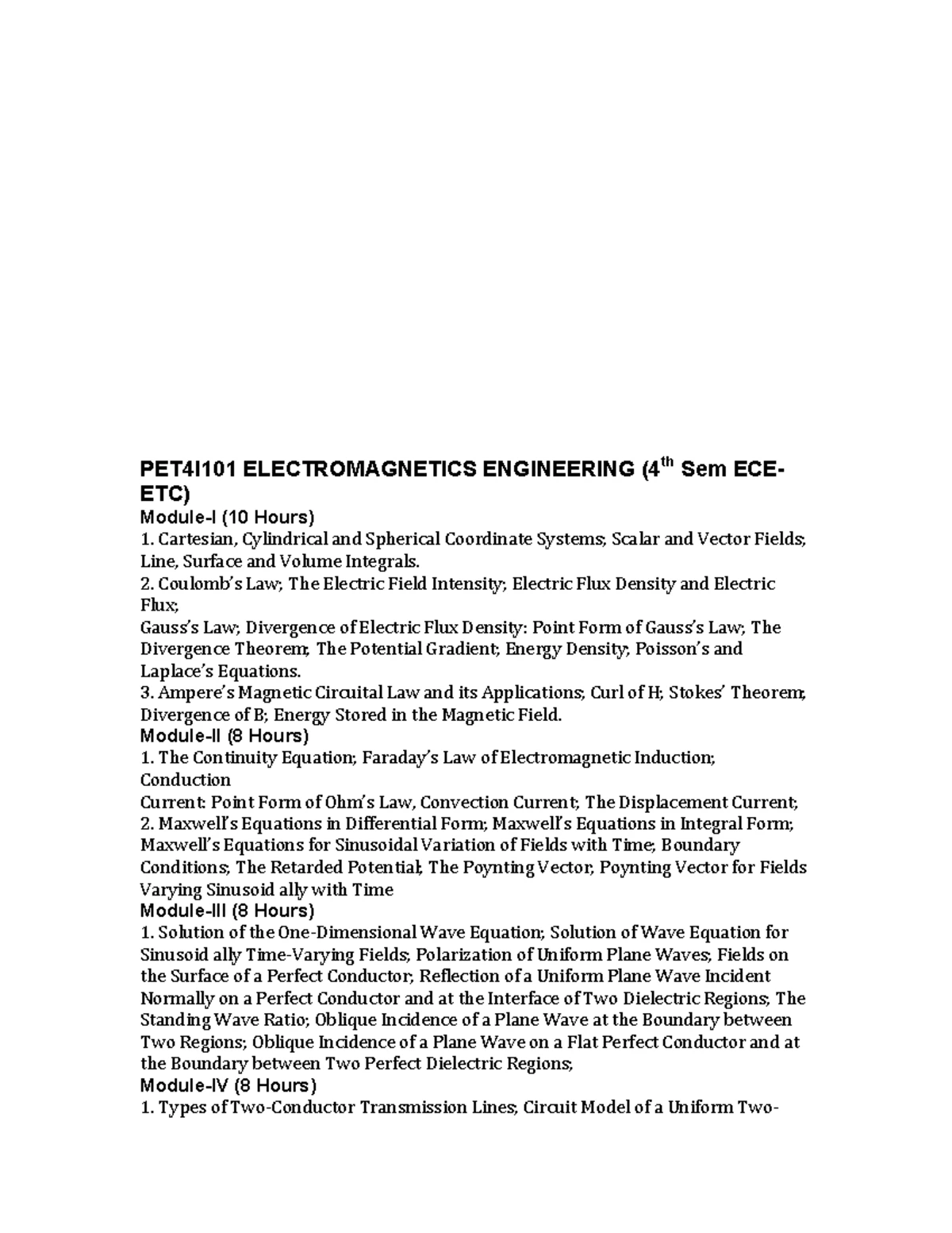 BEC401 Engineering Electromagnetics Syllabus - Semester 4 Overview - Studocu