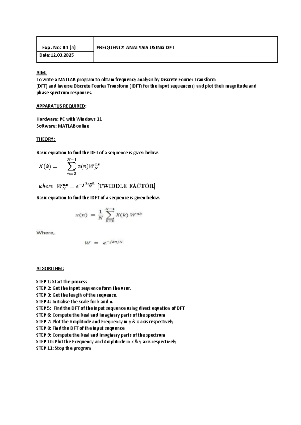 Exp. No: 04 (a) MATLAB DFT & IDFT Frequency Analysis Guide - Studocu